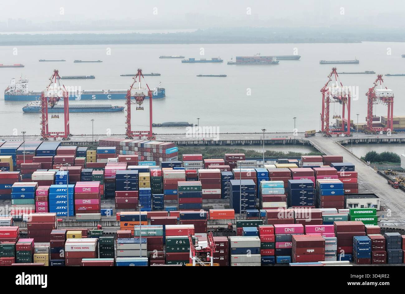 Aerial photo shows the busy container terminal at Yangzhou Port in ...