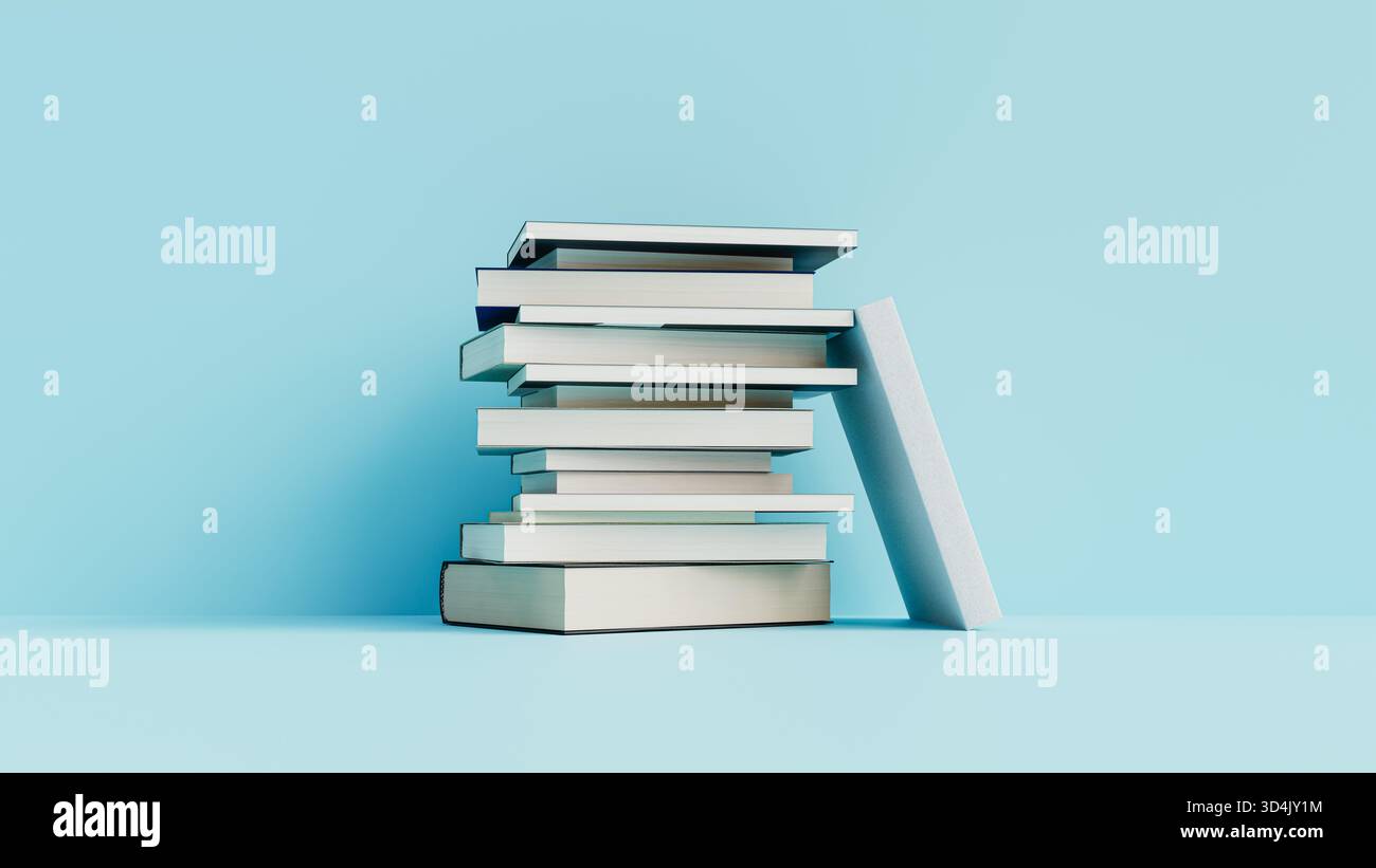 Minimalist stack of books on blue background, education and learning ...