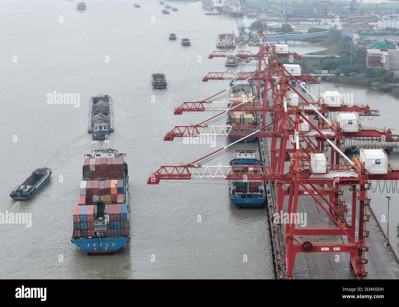 Aerial photo shows the busy container terminal at Yangzhou Port in ...