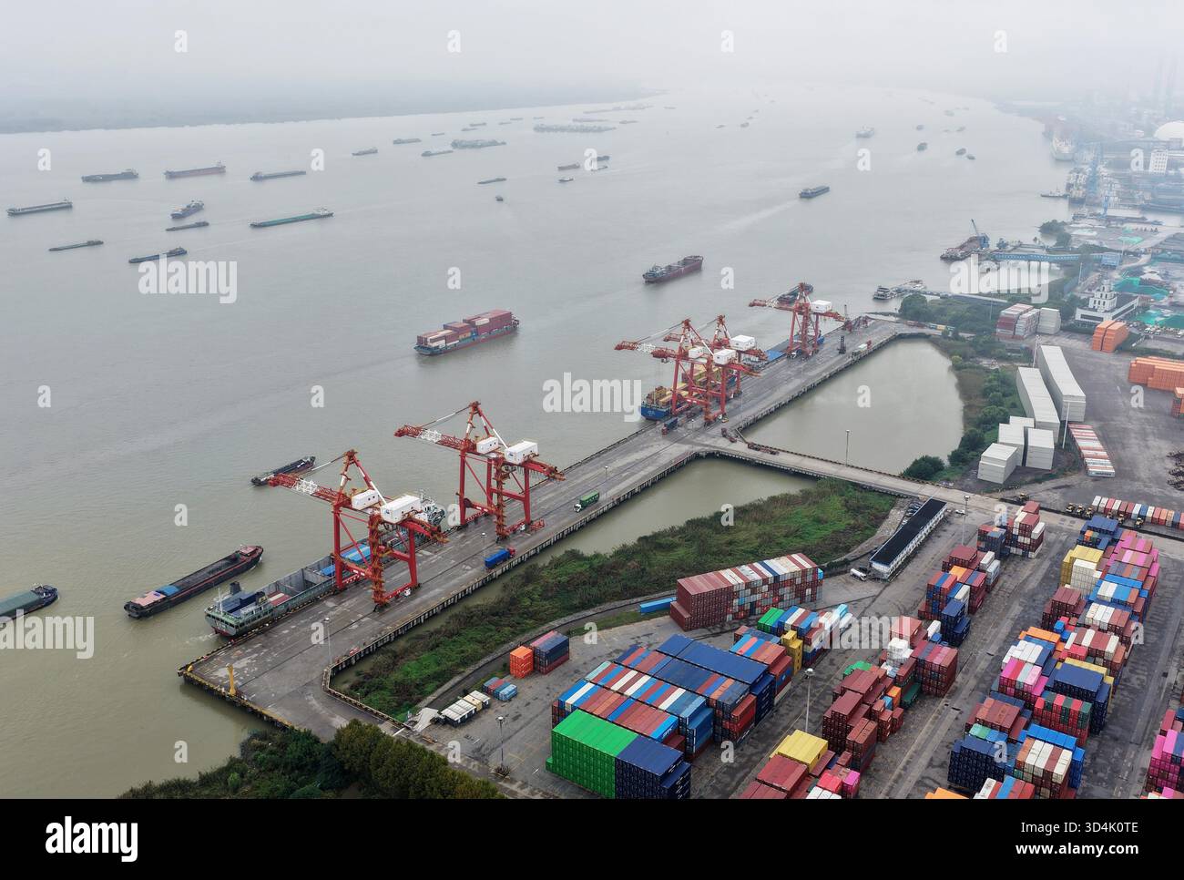Aerial photo shows the busy container terminal at Yangzhou Port in ...