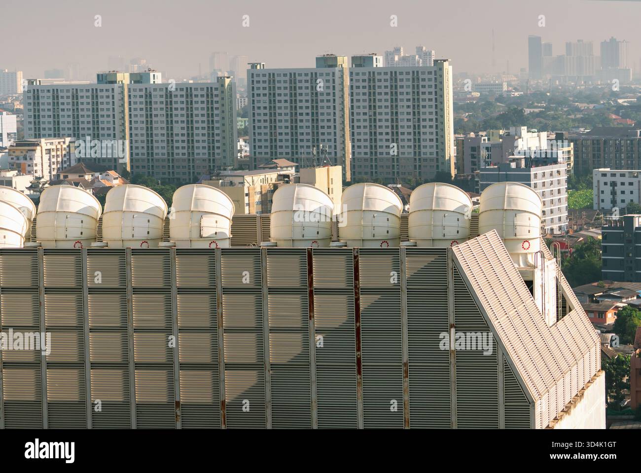Rooftop cooling tower ventilation system with large industrial fans on ...