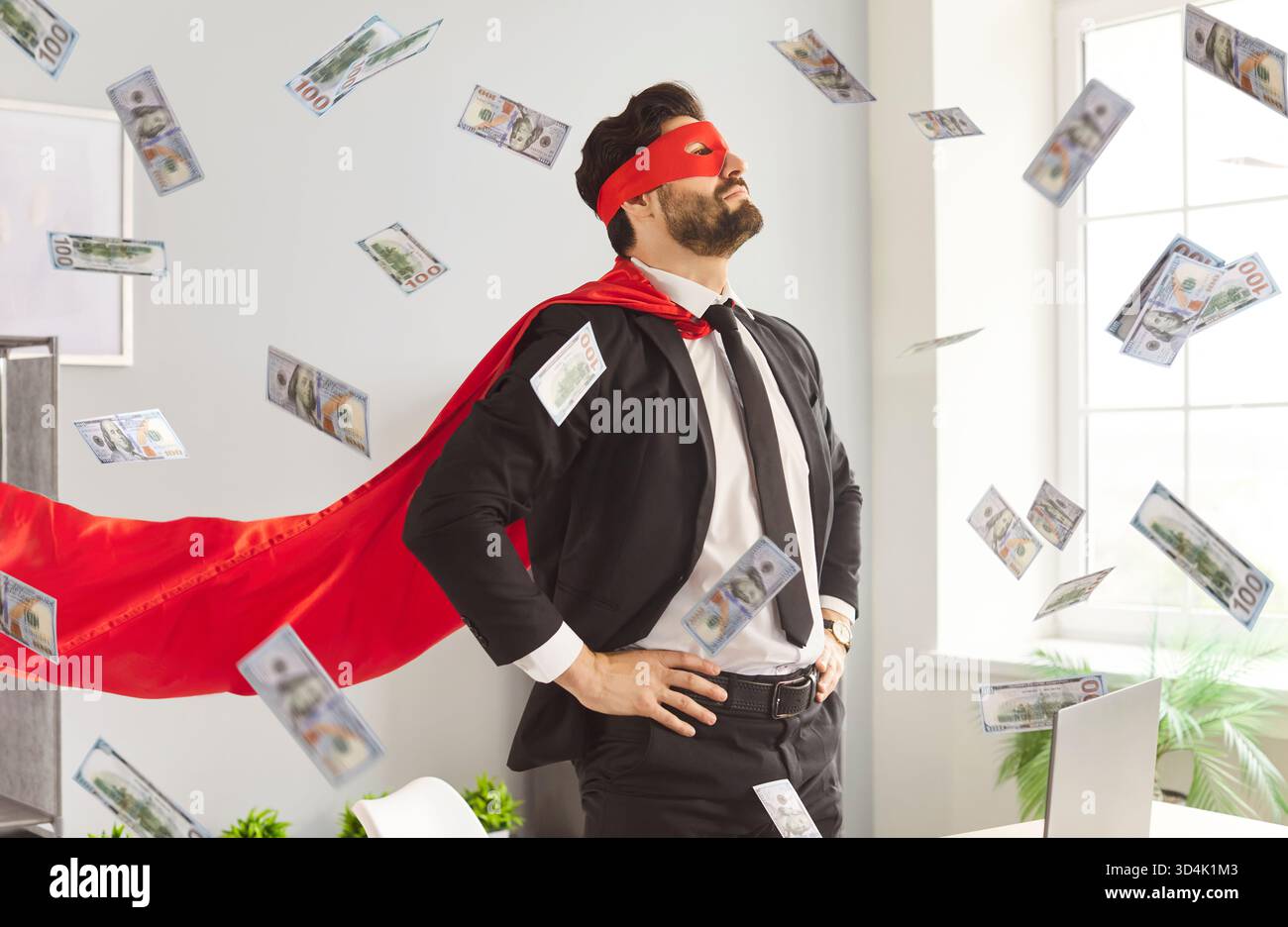 Superhero businessman, man wearing suit, mask, red cape standing ...