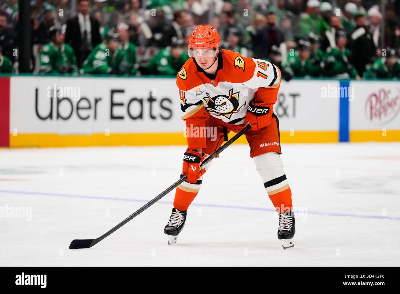 Anaheim Ducks' Drew Helleson works against the Dallas Stars during an ...