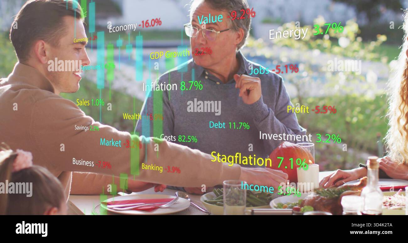 Shaking hands two men in casual clothing leaning across backyard dining ...