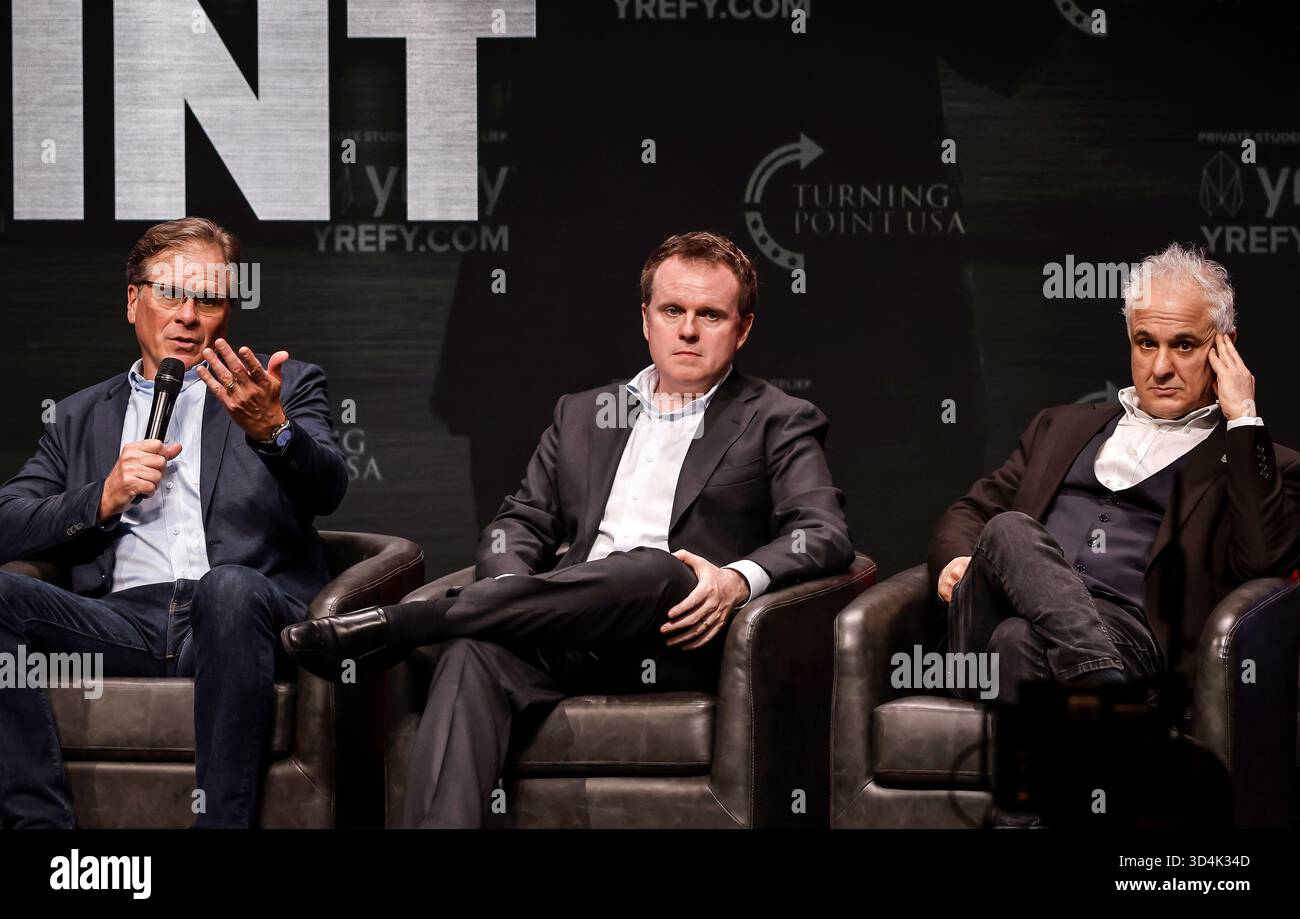 Panelists Frank Turek, Andrew Doyle, and Peter Boghossian during a ...
