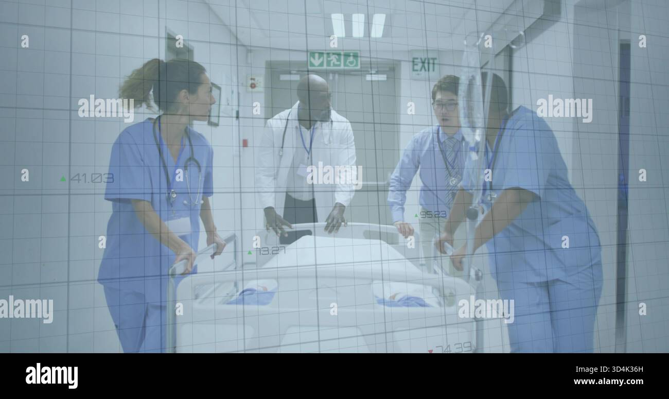 Pushing care team moving bed down hospital corridor, with scrubs, lab ...