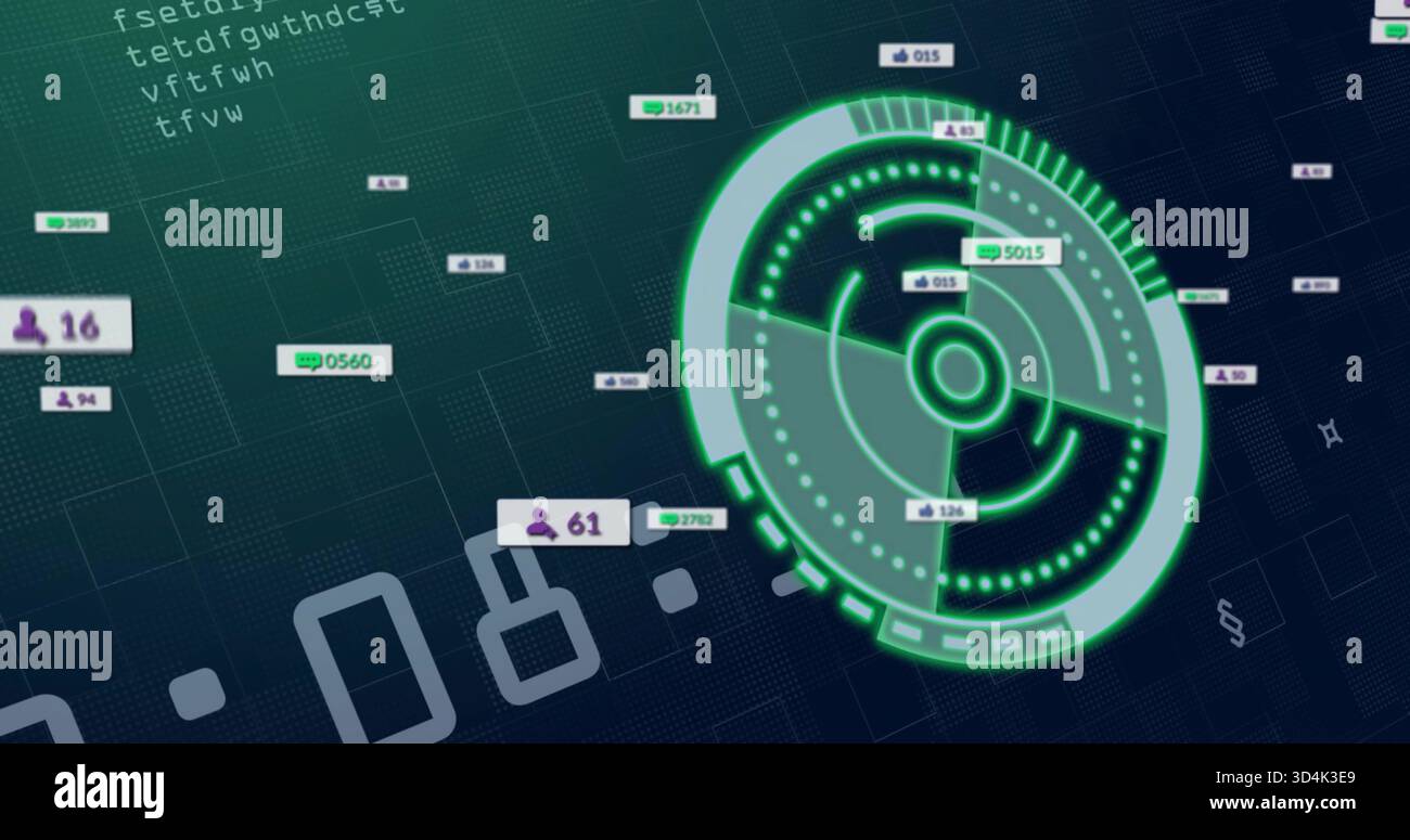 Displaying neon-green HUD radar on right over dark teal grid with ...