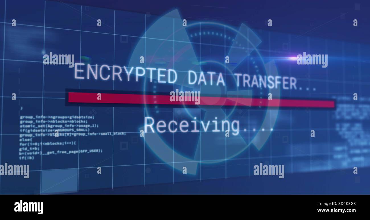 Displaying encrypted data transfer receiving text and red progress bar ...