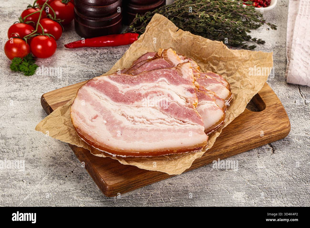 Smoked pork belly slices fat snack Stock Photo - Alamy