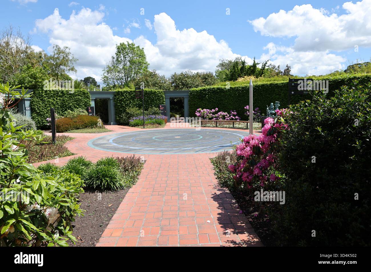 Brick garden courtyard with flowering hedges Stock Photo - Alamy
