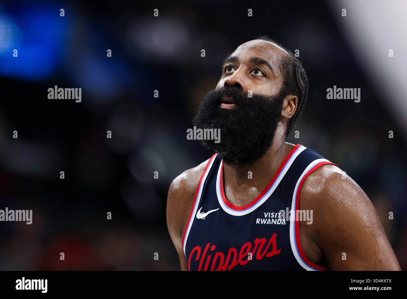 Los Angeles Clippers guard James Harden looks on before shooting a free ...