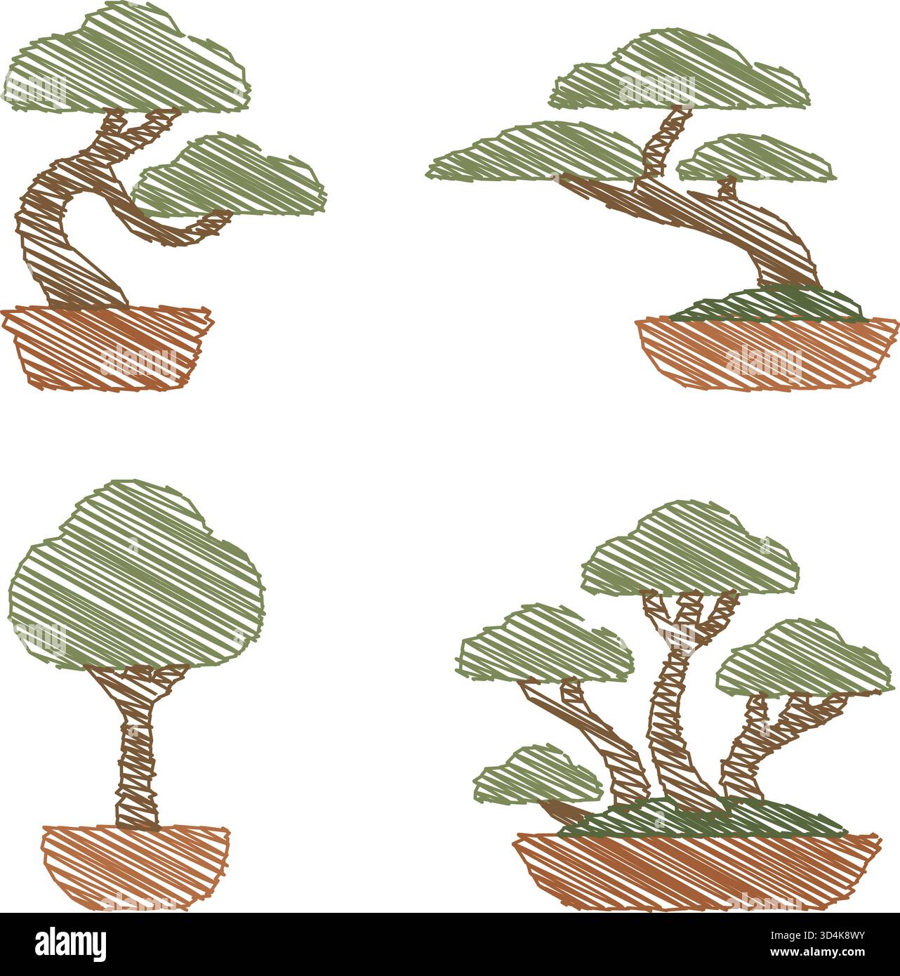 A repeat pattern tile displays multiple potted bonsai trees in an ...