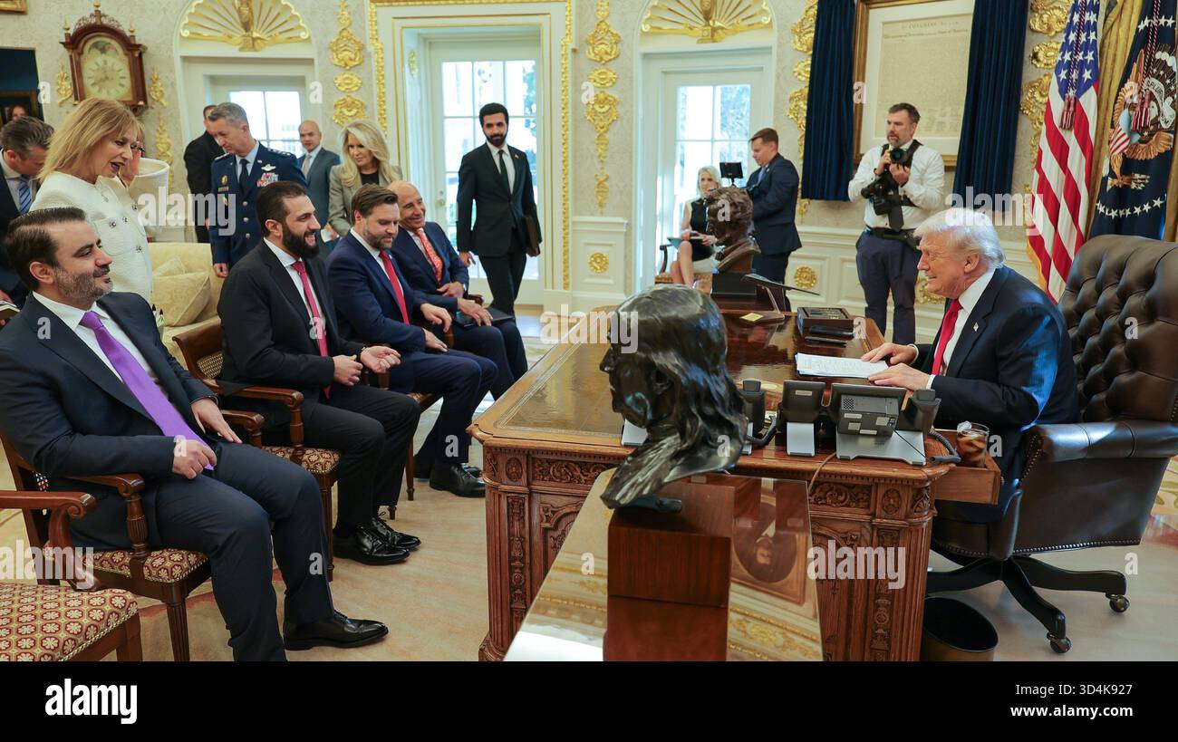 Syria President Ahmed Al-Sharaa is received by U.S President Donald ...