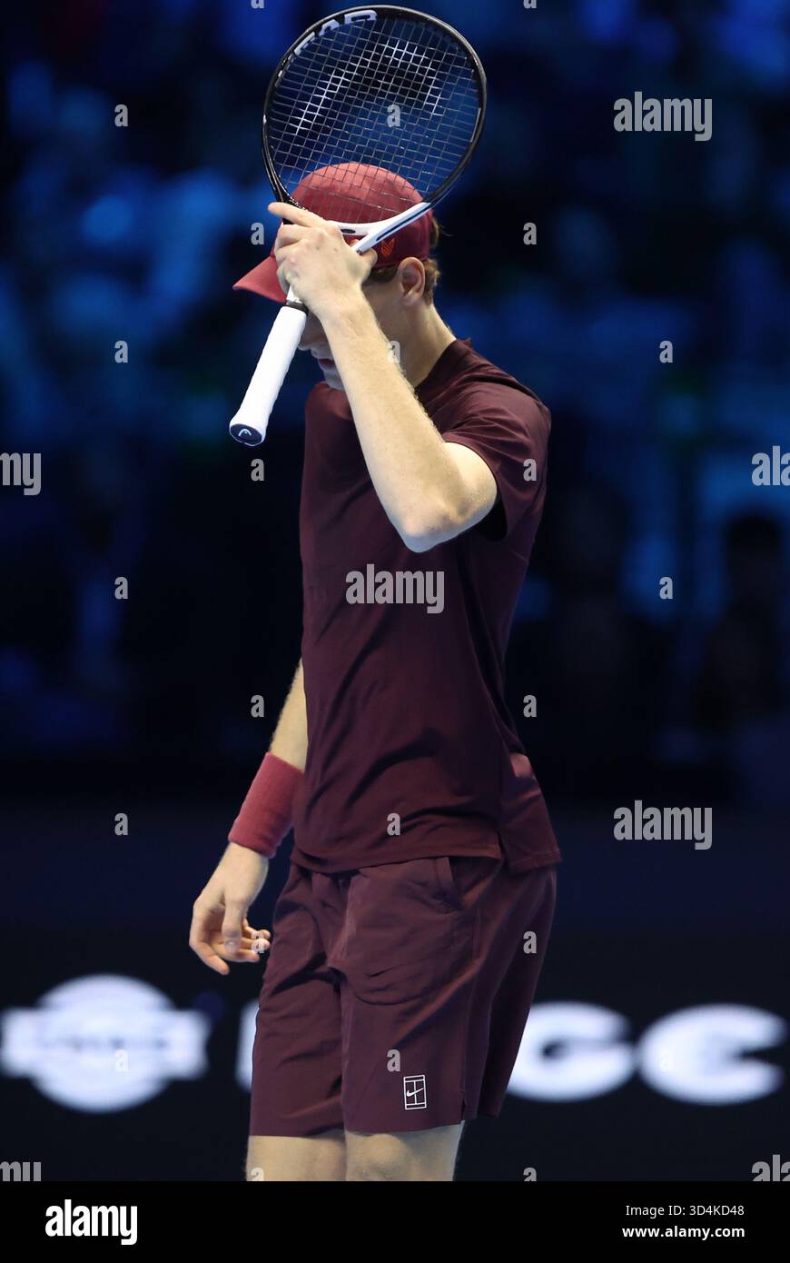 Jannik Sinner of Italy looks dejected during the Round Robin singles ...