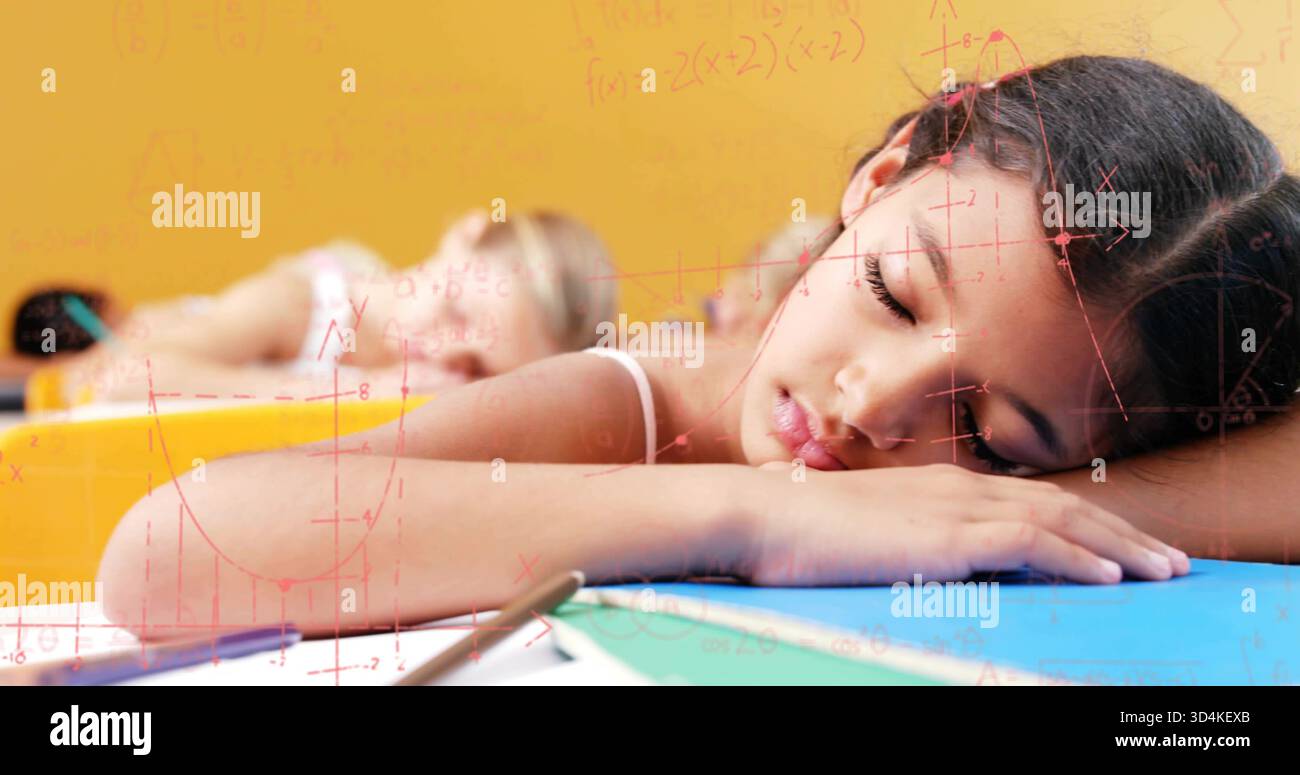 Resting girl leaning cheek on arm on blue desk in classroom, with ...