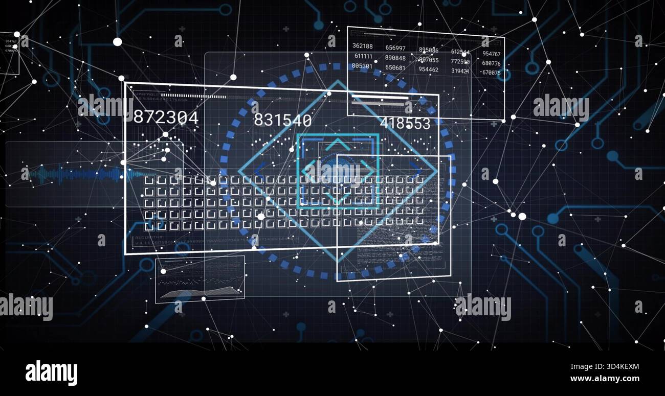 Rendering translucent keyboard-like grid with HUD panels, numeric IDs ...