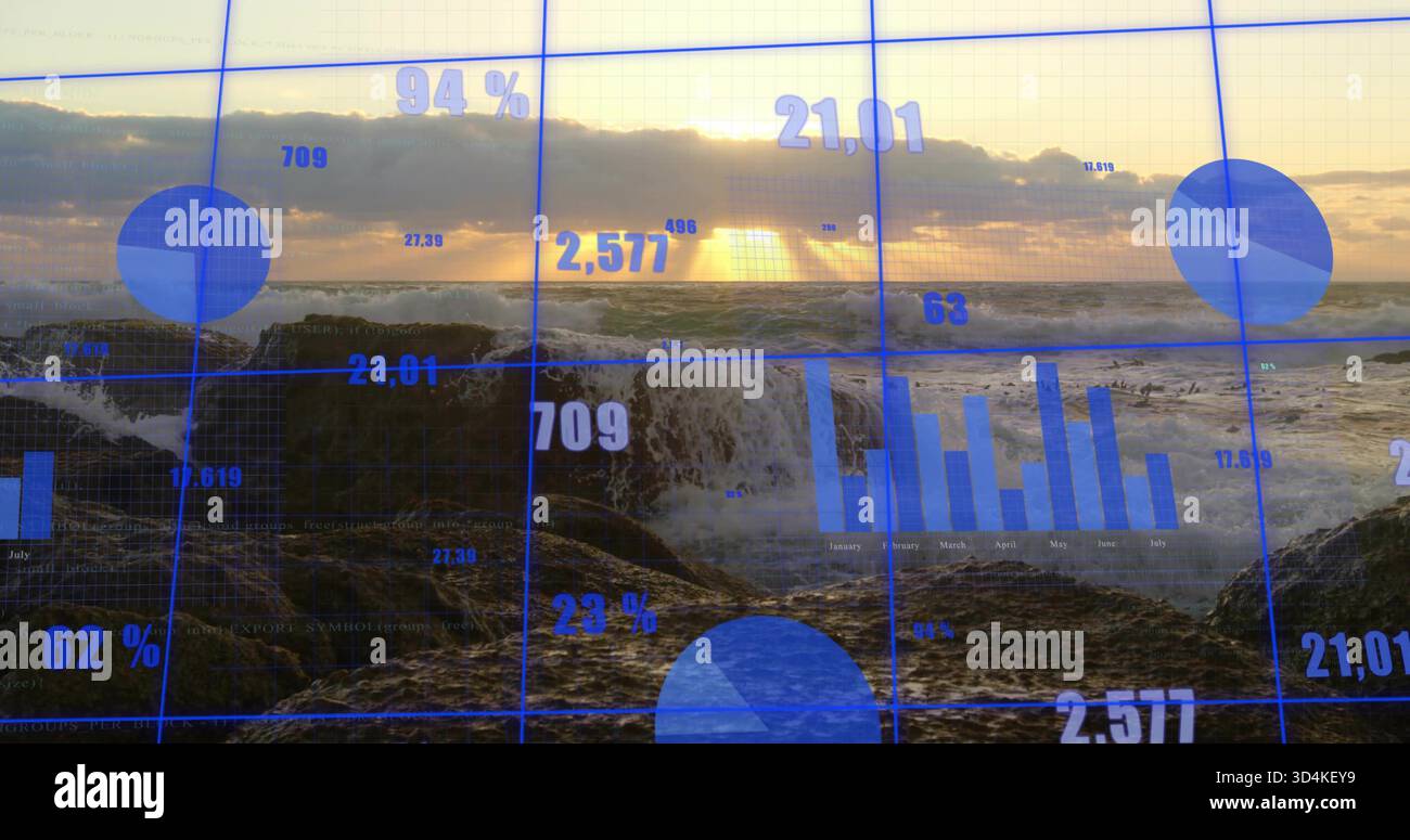 Crashing central wave and rocky outcrop showing faint blue grid, bars ...