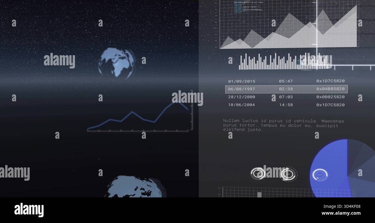 Showing analytics UI over starfield, displaying area charts, pie and ...