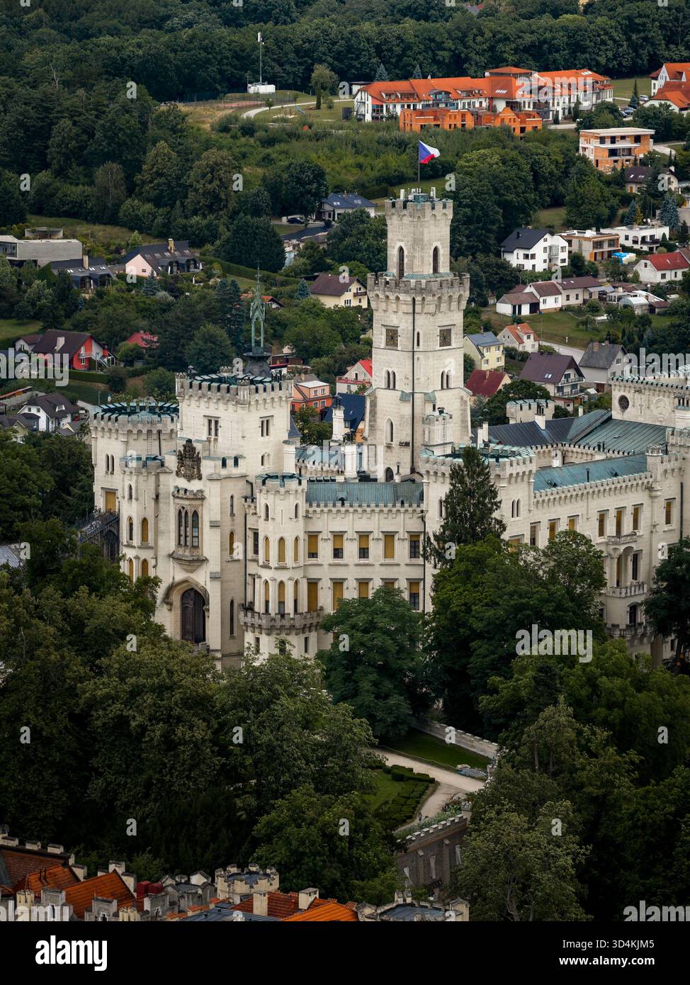 Aerial view of a majestic white castle with intricate turrets and ...