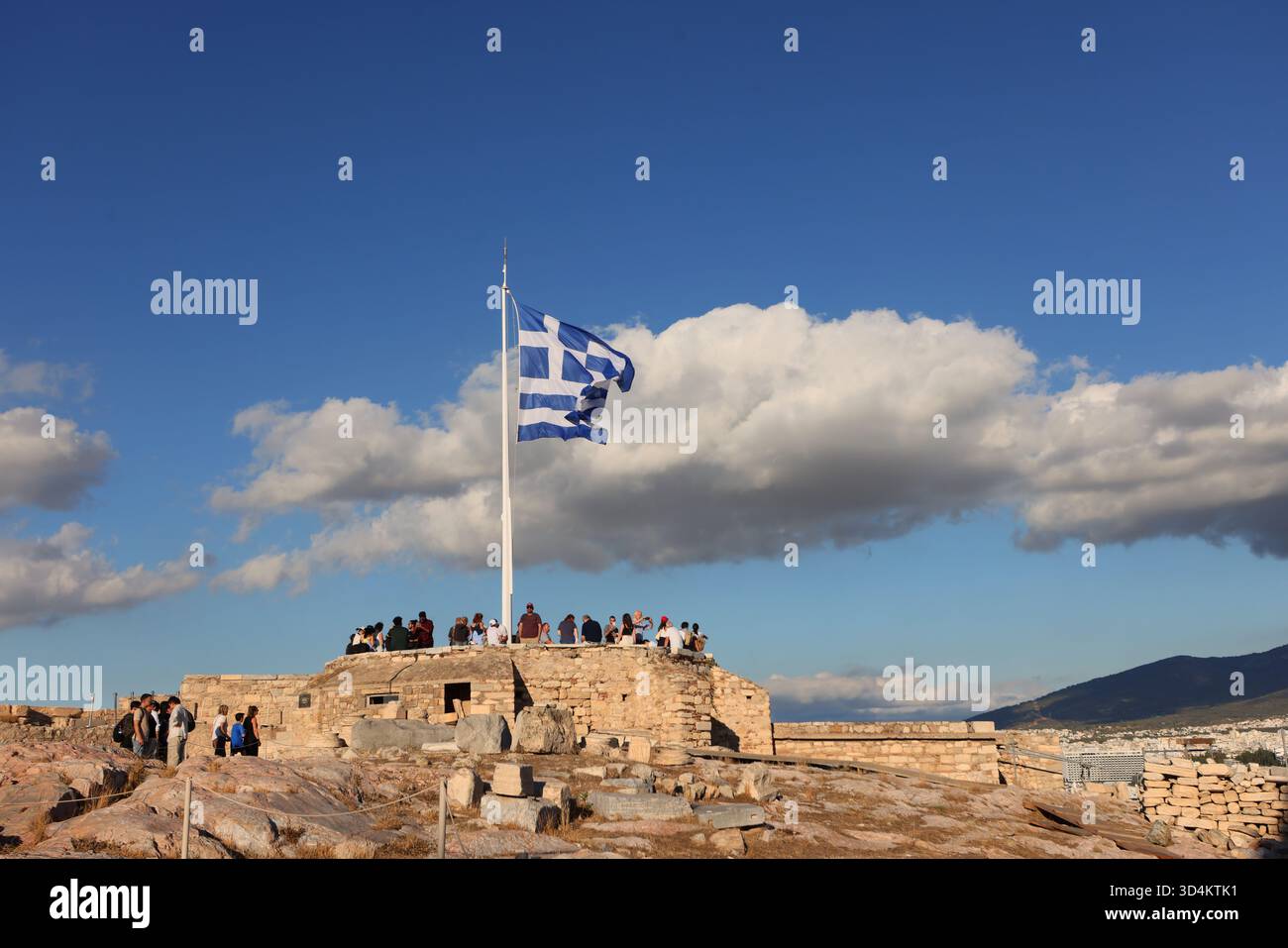Athens, Greece - September 29, 2025: Greek flag waving on the Acropolis ...