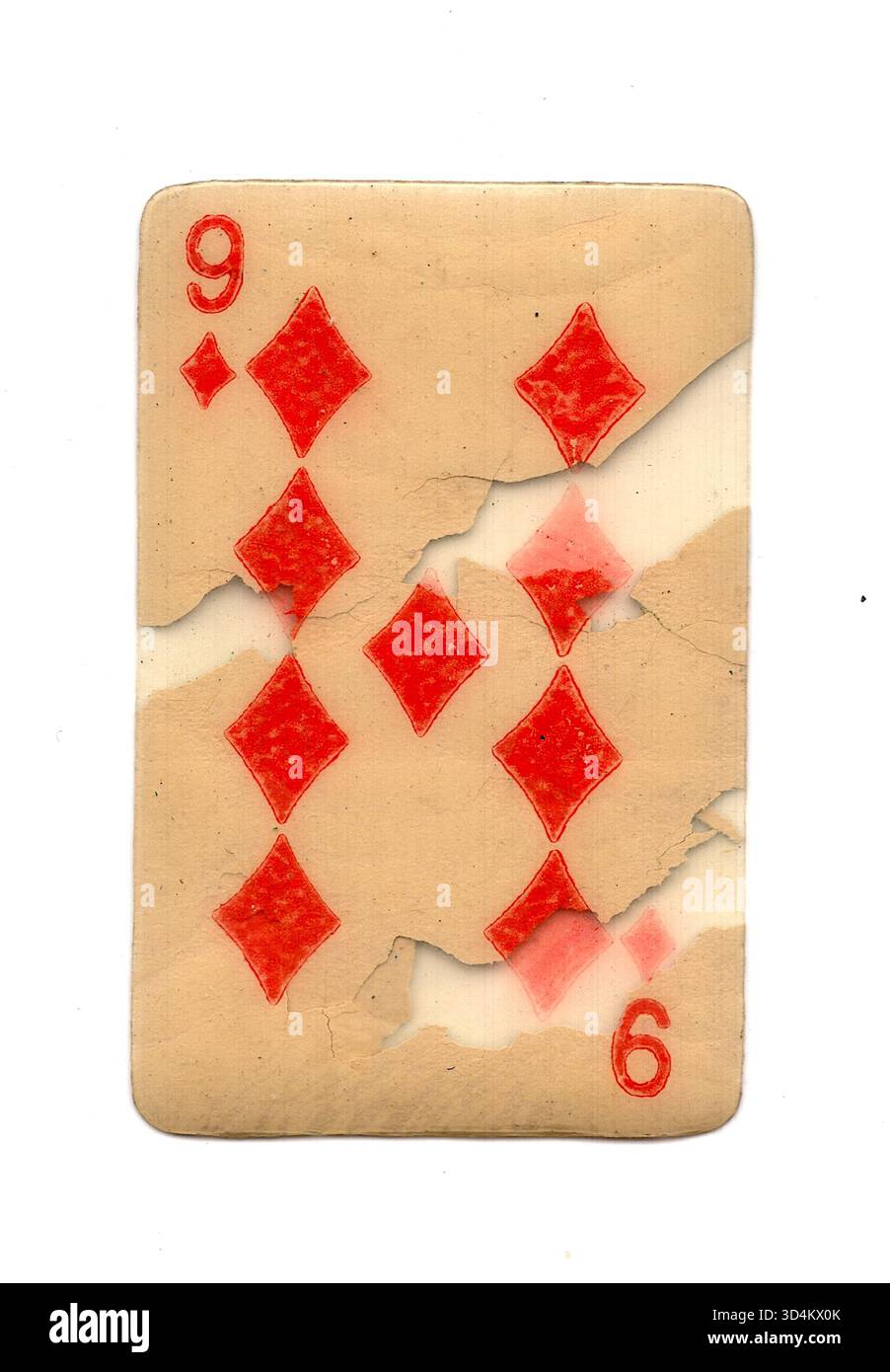 A badly damaged vintage playing card in the suit of diamonds isolated ...