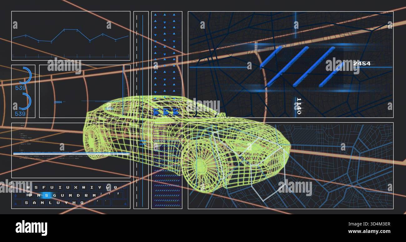 Rotating neon-green wireframe car model showing HUD panels, graphs ...