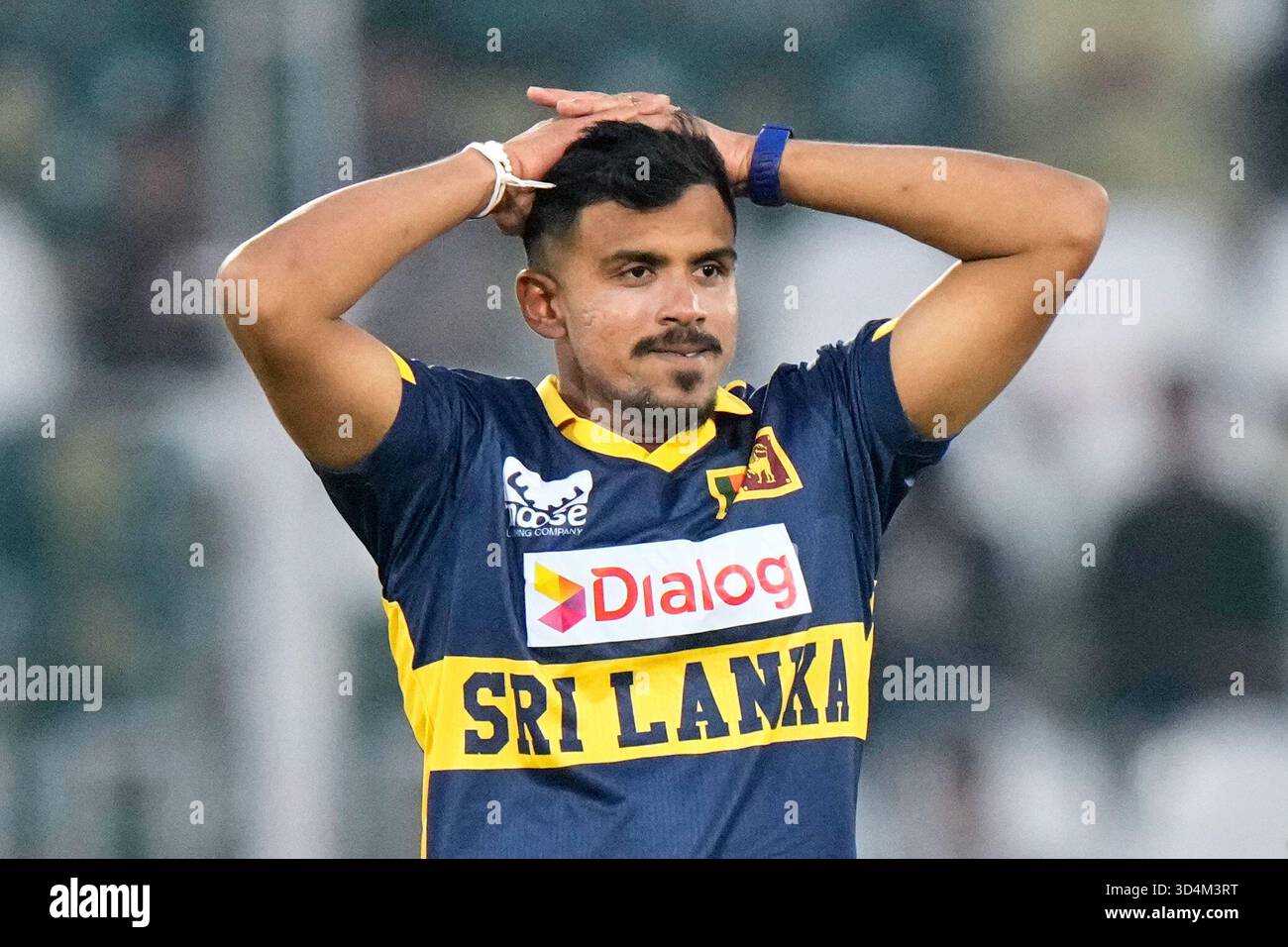 Sri Lanka's Mahesh Theekshana reacts during the first one day ...
