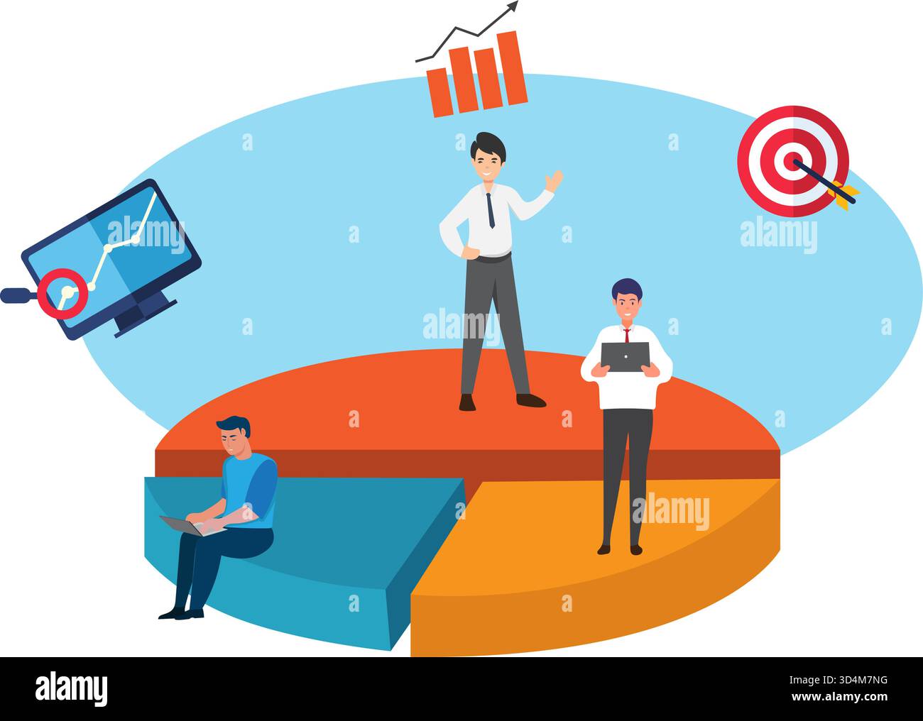 Businessman standing on a large pie chart showing share, shareholding ...