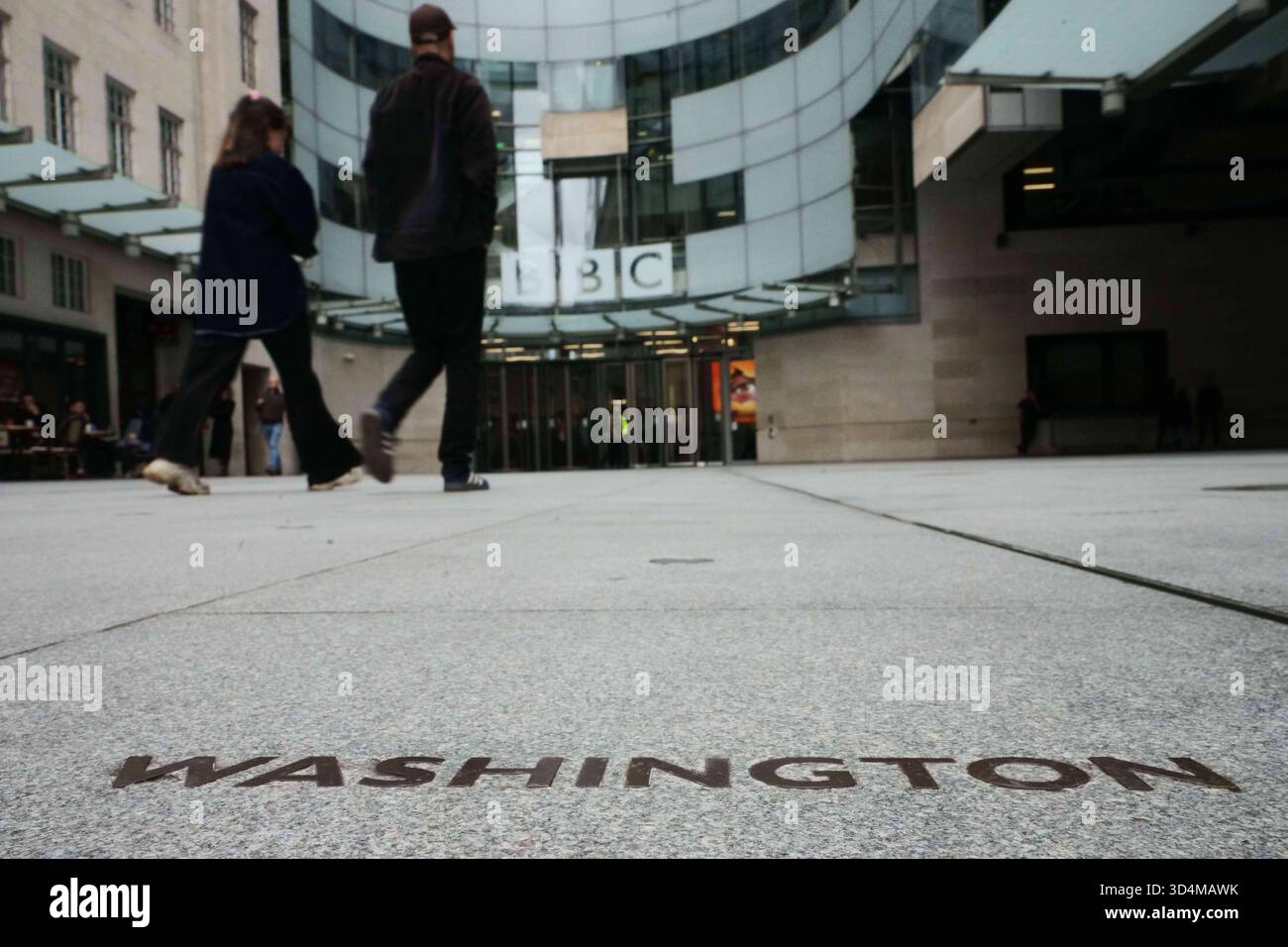 A sign on the ground outside BBC Broadcasting House in London, Tuesday ...