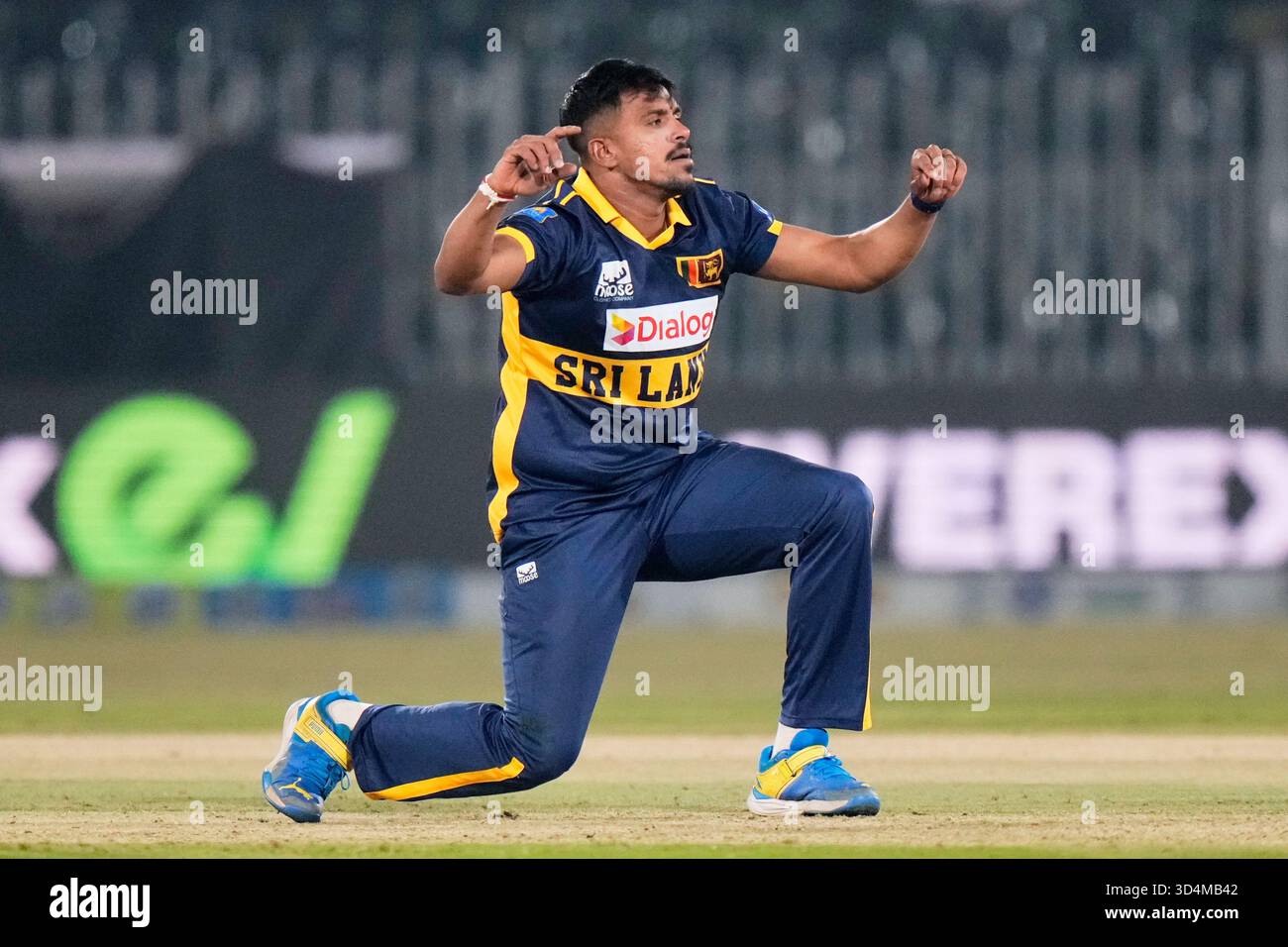 Sri Lanka's Mahesh Theekshana celebrates after the dismissal of ...