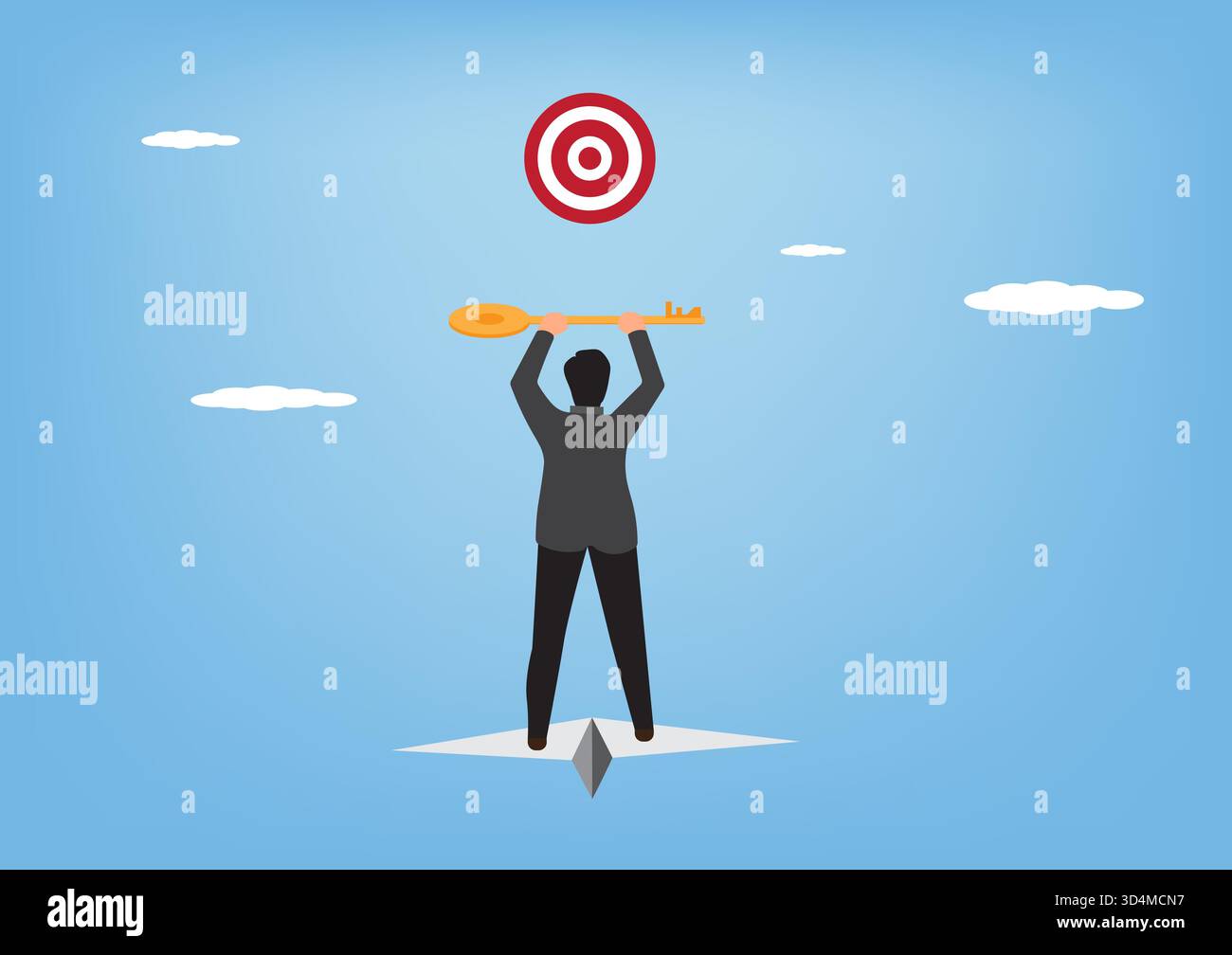 Businessman holding giant key on paper plane flying to target Get ready ...