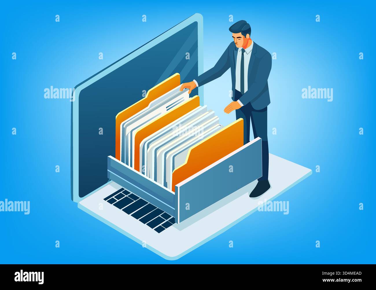 Illustration of a businessman searching for a file in a digital drawer ...