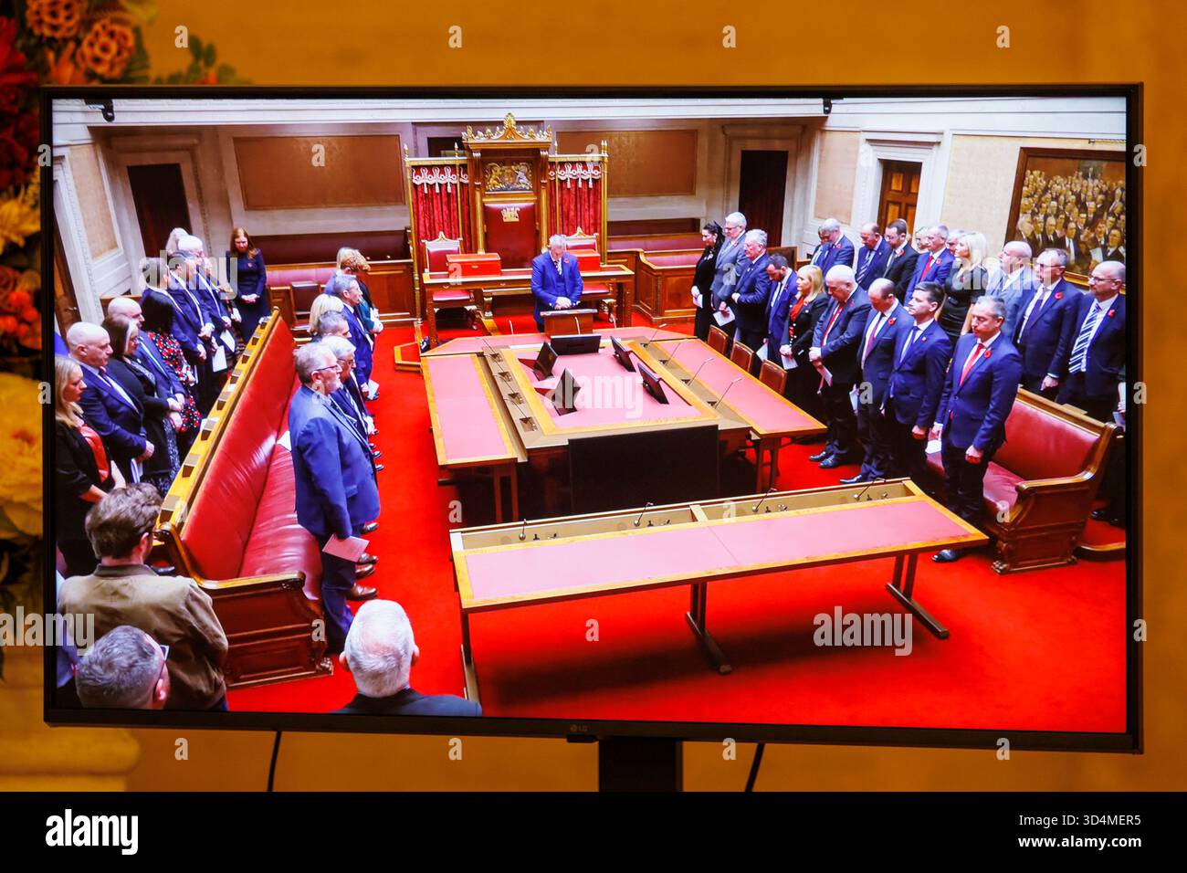 A screen in the Great Hall of Parliament Buildings at Stormont displays ...