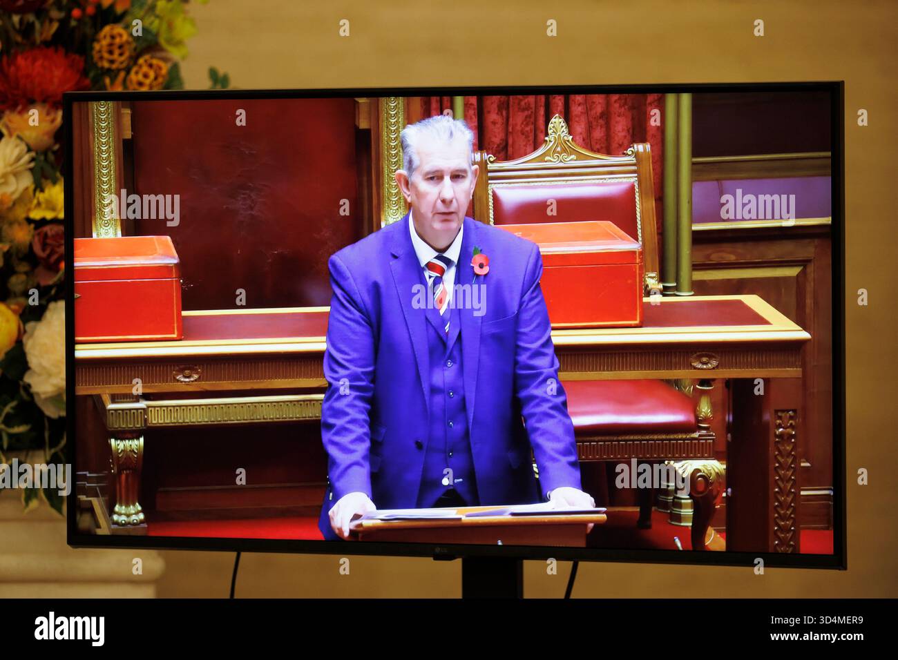 A screen in the Great Hall of Parliament Buildings at Stormont displays Speaker of the Northern ...