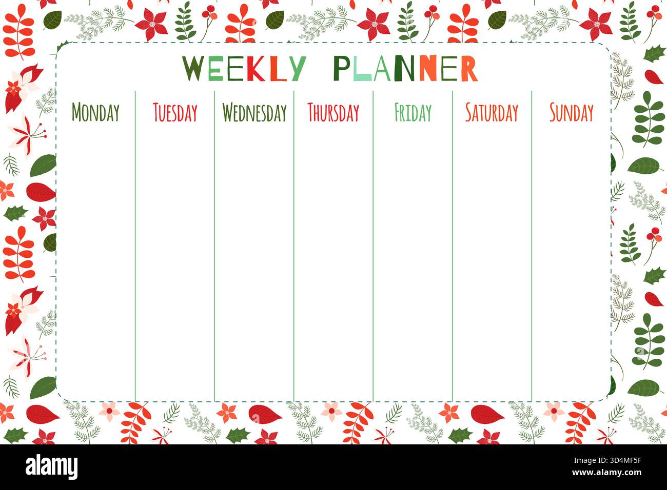 Elegant floral vector weekly planner template in red and green for Christmas planning Stock ...