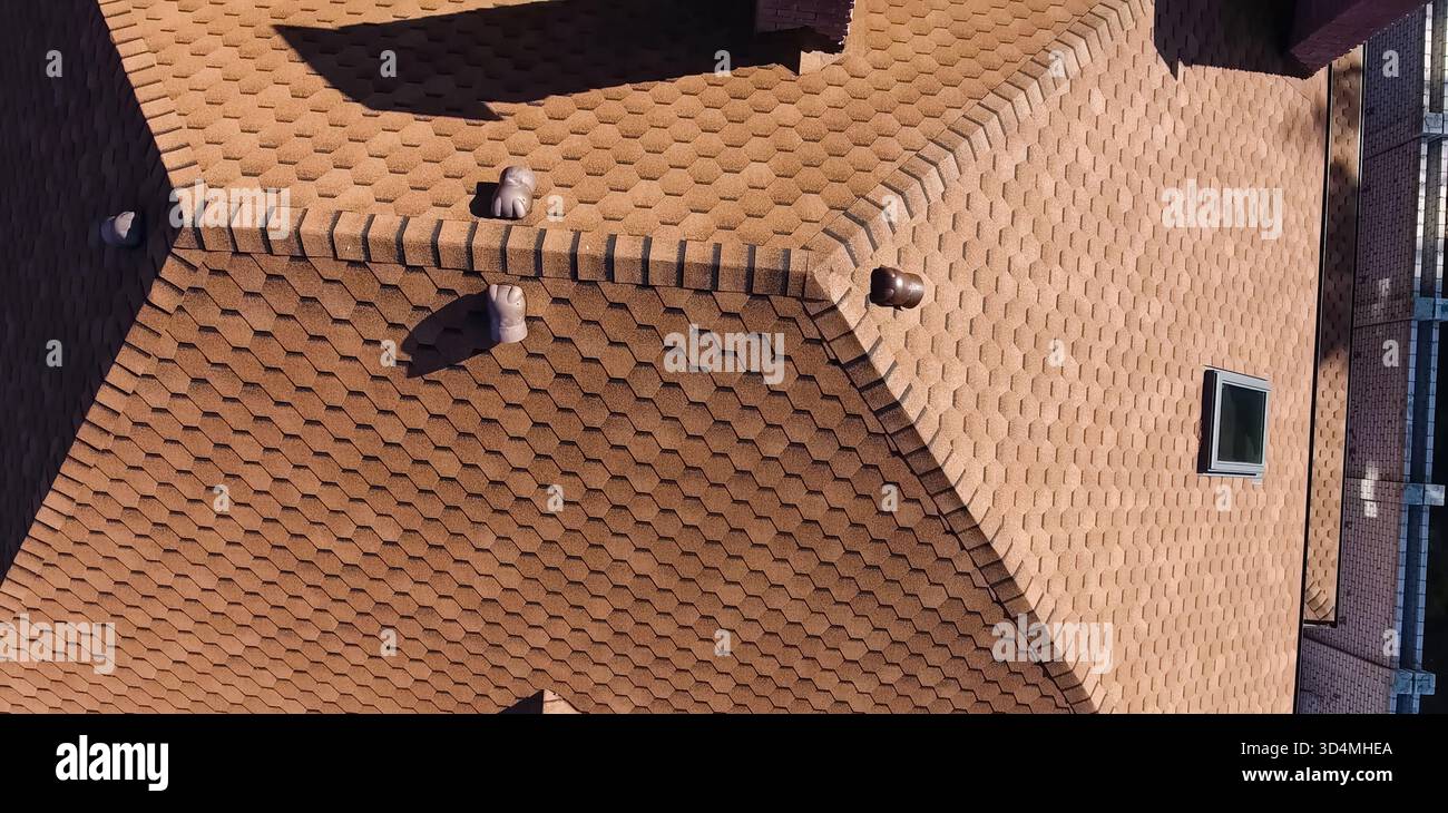 House with a roof from a bituminous tile. Bituminous tile for a roof. a ...