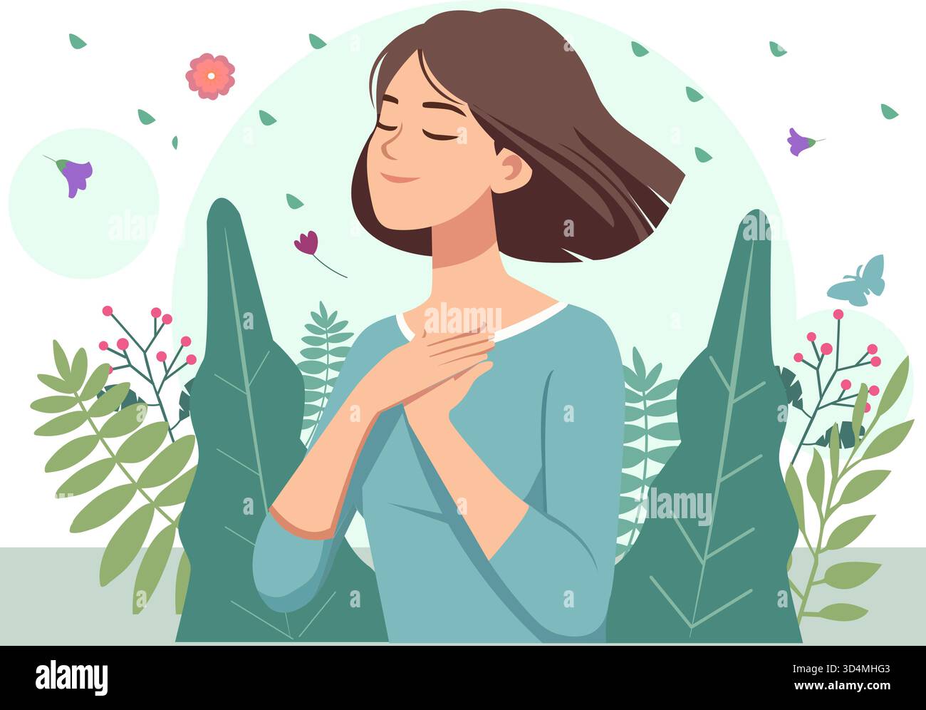 A young woman looks refreshed and happy as she breathes fresh air Stock ...