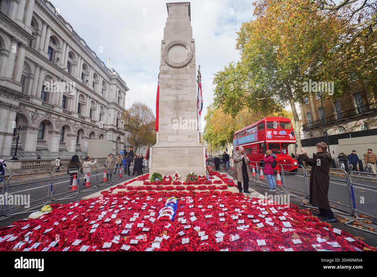 11 November 2025. Remembrance poppy wreaths at the Whitehall Cenotaph ...