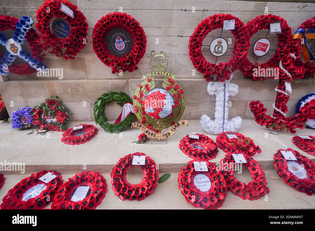 11 November 2025. Remembrance poppy wreaths at the Whitehall Cenotaph ...