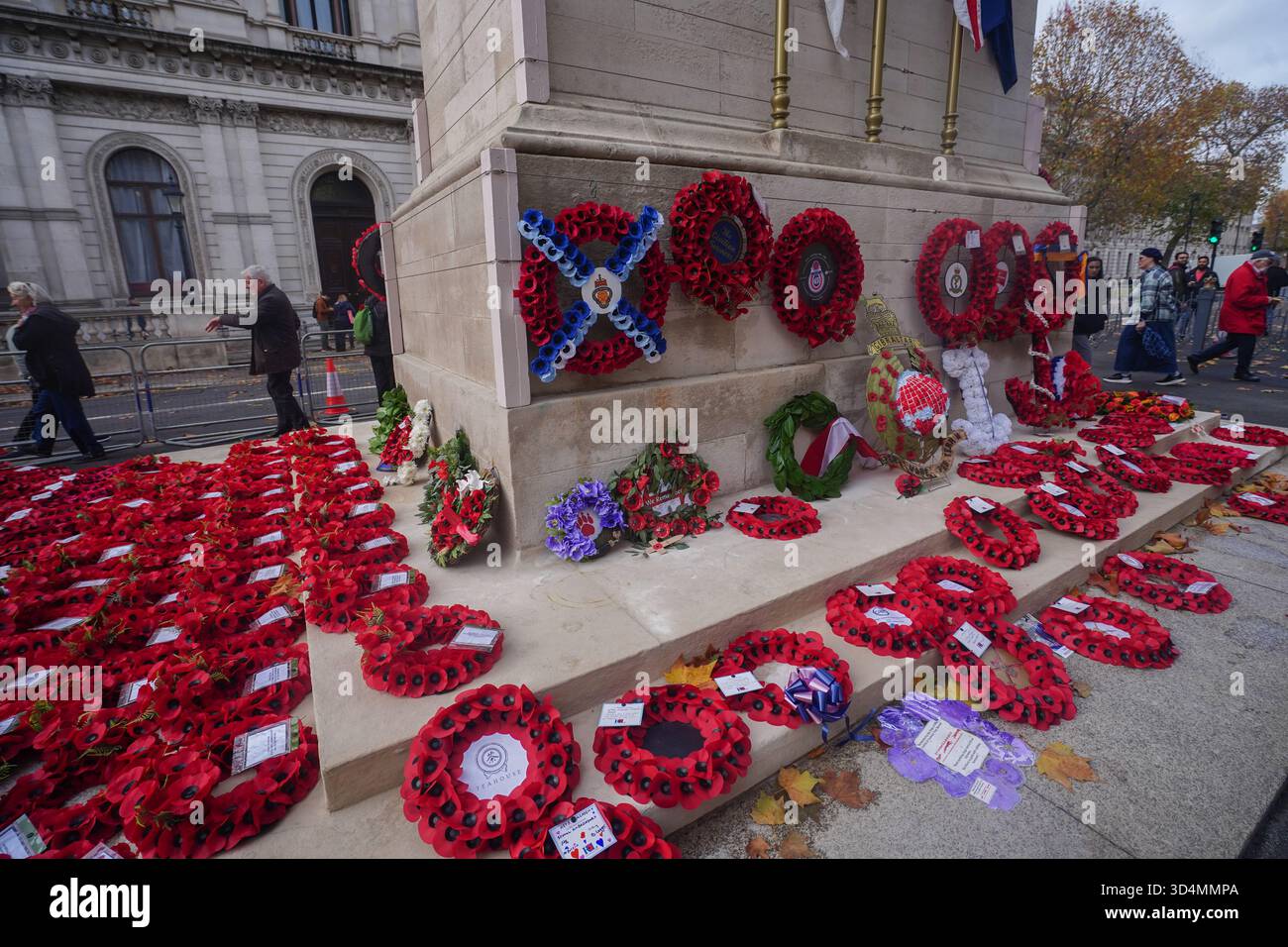 11 November 2025. Remembrance poppy wreaths at the Whitehall Cenotaph ...
