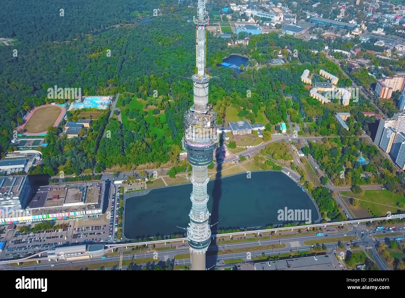 Ostankino television tower. A bird's-eye view of the TV tower and its ...