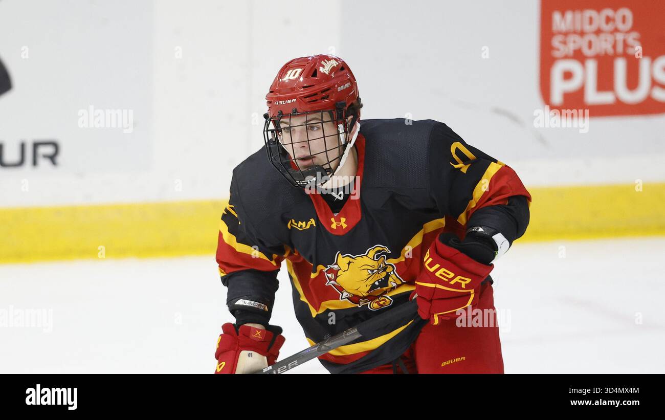 Ferris State's Jack Mesic plays during an NCAA hockey game on Saturday ...
