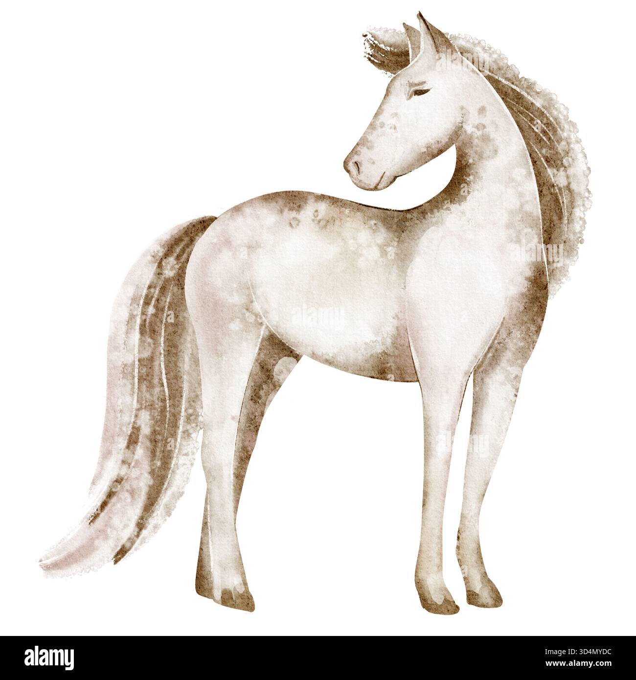 Watercolor illustration of a horse standing in calm pose. Domestic ...