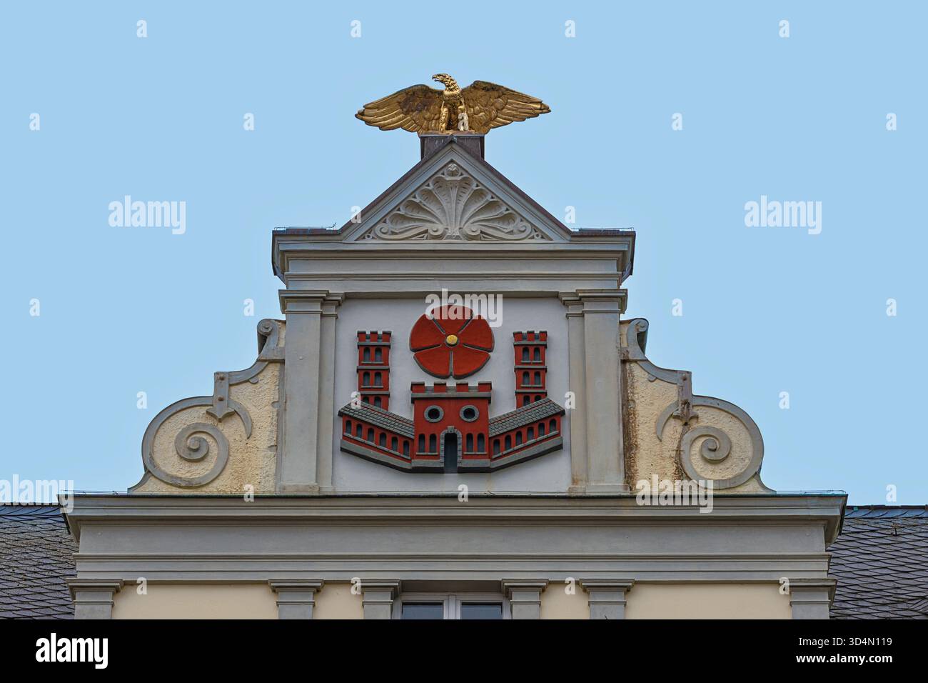 The city hall of Lippstadt with the coat of arms, the rose of Lippstadt ...
