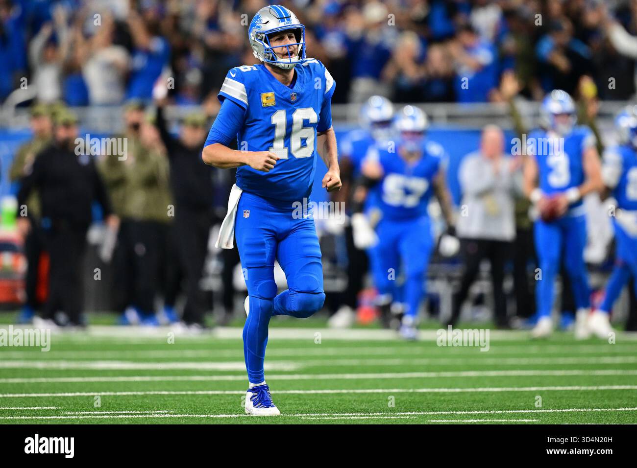 Detroit Lions quarterback Jared Goff celebrates after throwing a ...