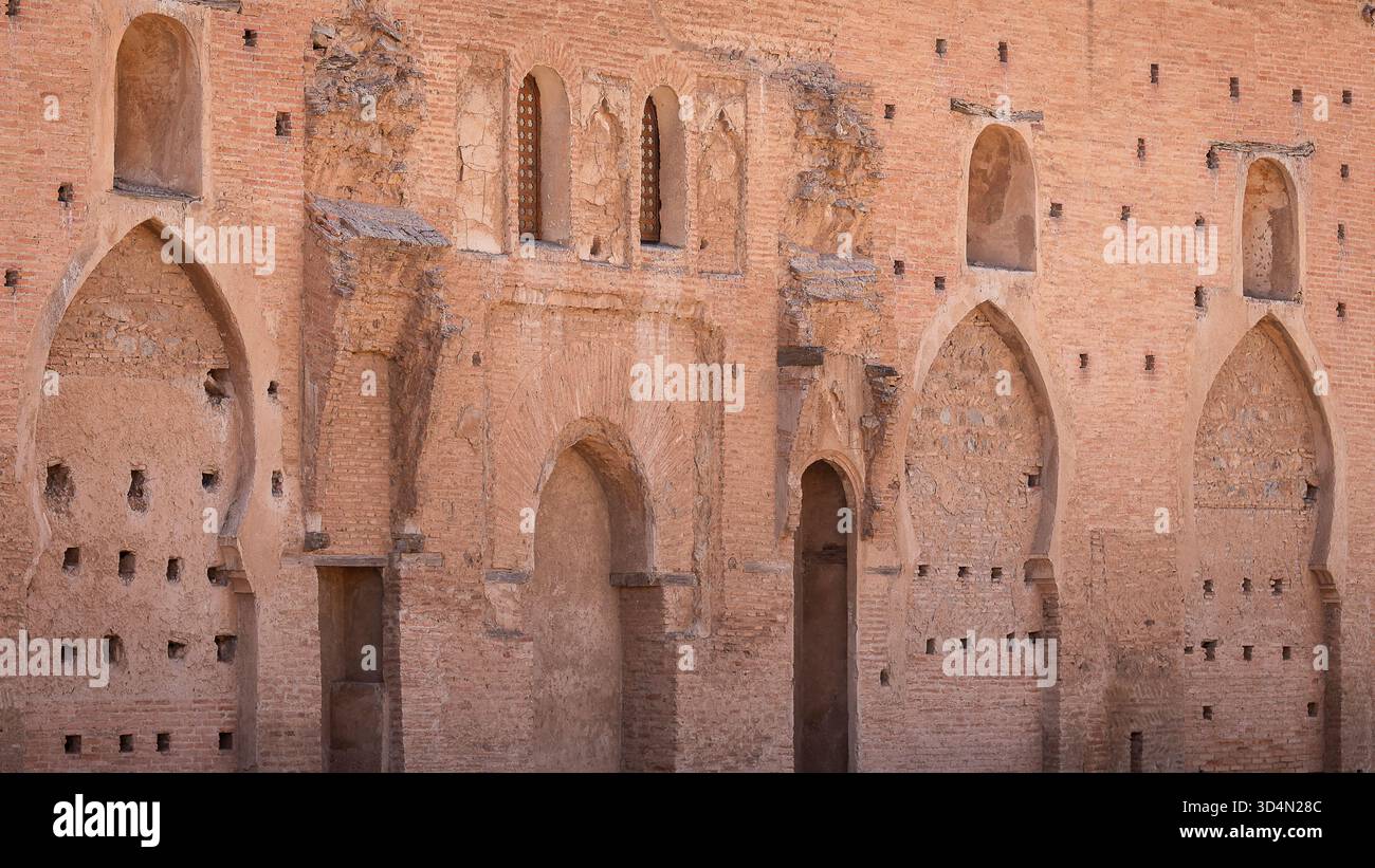 Ancient walls of medina in Marrakech, part of Koutoubia mosque. Detail ...