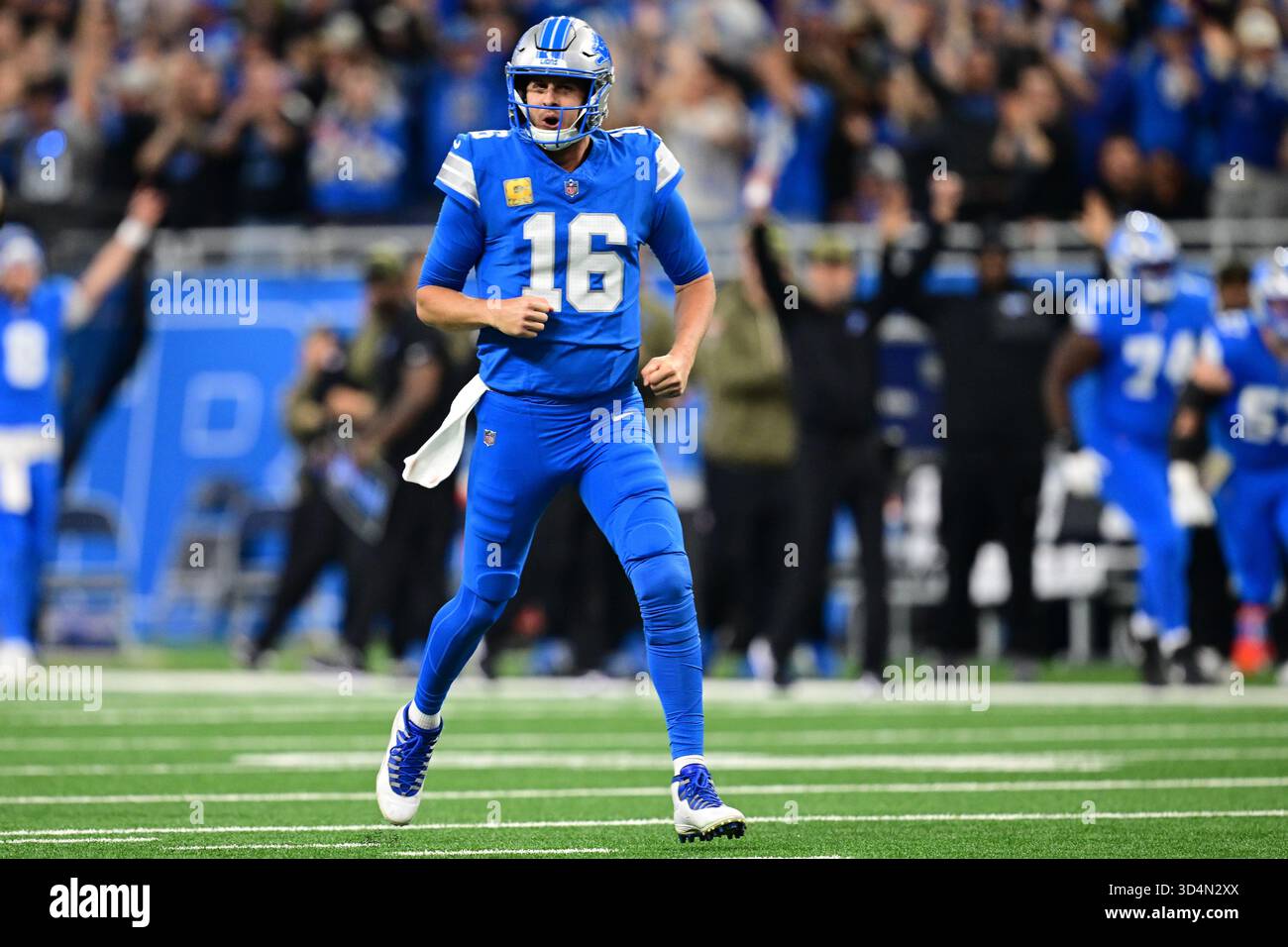 Detroit Lions quarterback Jared Goff celebrates after throwing a ...