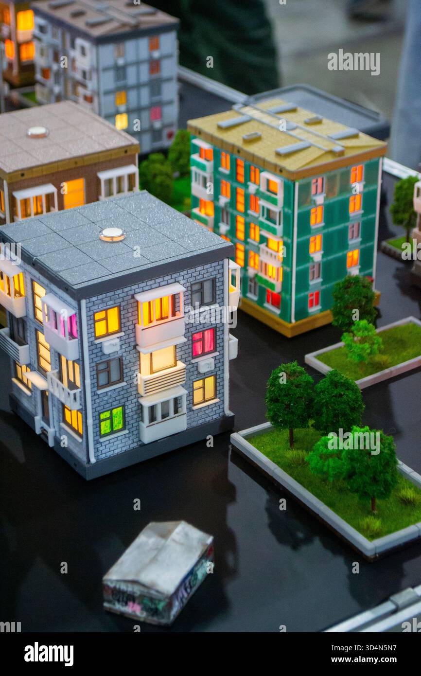 Prototype building printed on 3D printer from melted plastic. 3D ...