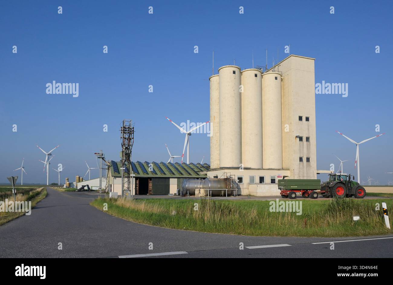 GERMANY, windenergy, grain silo and shed with Photovoltaic solar panel ...