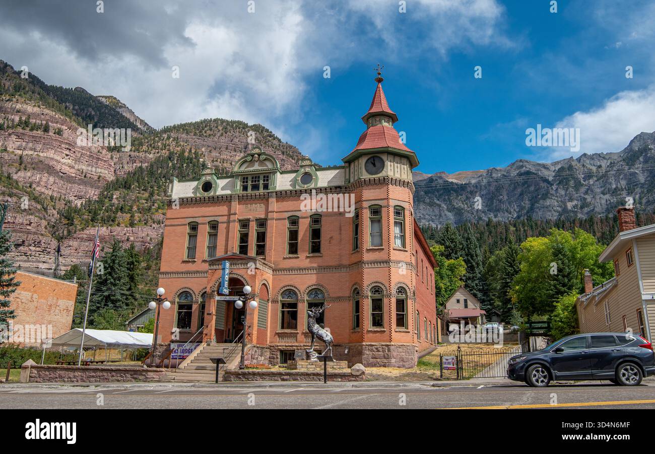 Historic Elks Lodge building with corner tower in Ouray, Colorado, USA ...
